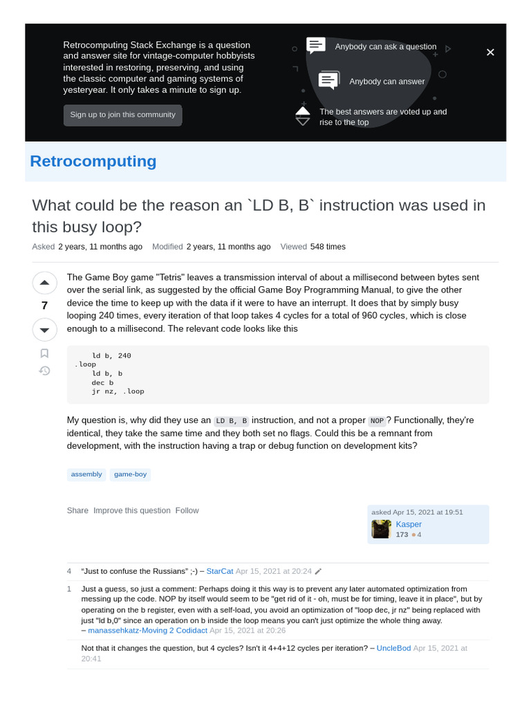 Assembly - What Could Be The Reason An 'LD B, B' Instruction Was Used in This Busy Loop ...