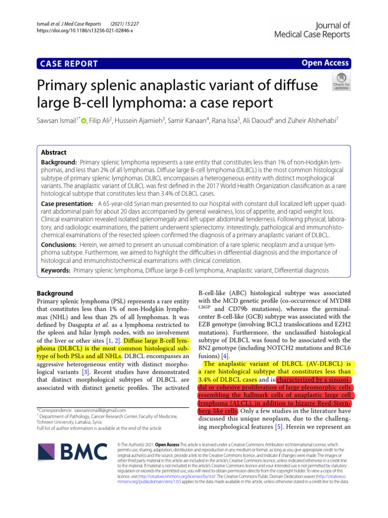 Primary Splenic Anaplastic Variant of Diffuse Large B-Cell Lymphoma: A Case Report | PDF ...