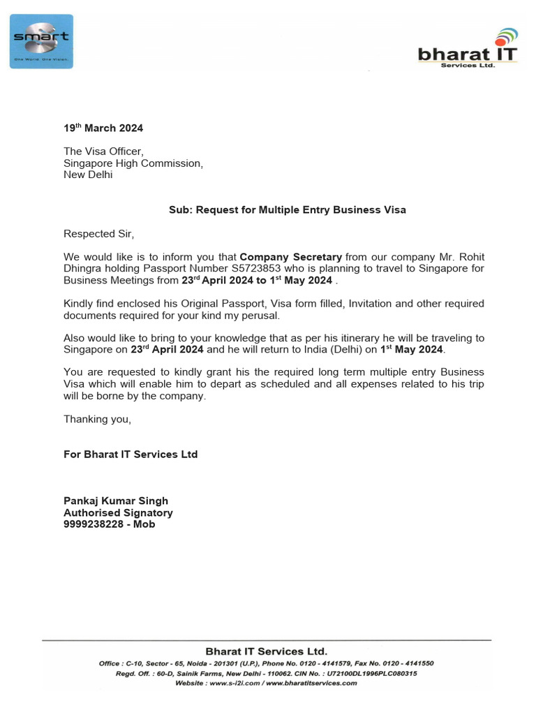 Request For Multiple Entry Business Visa | PDF