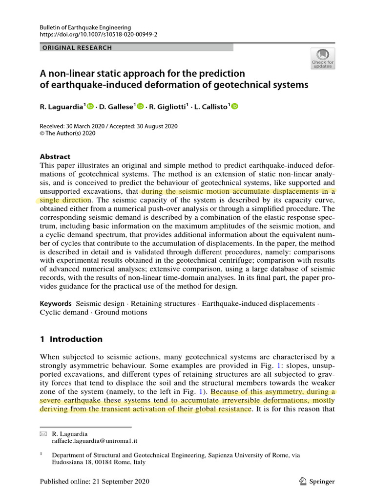 A Non Linear Static Approach For The Prediction Of Earthquake Induced