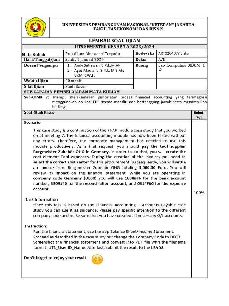 Integrated Accounting Exam UTS 2024 | PDF | Financial Services | Financial Accounting