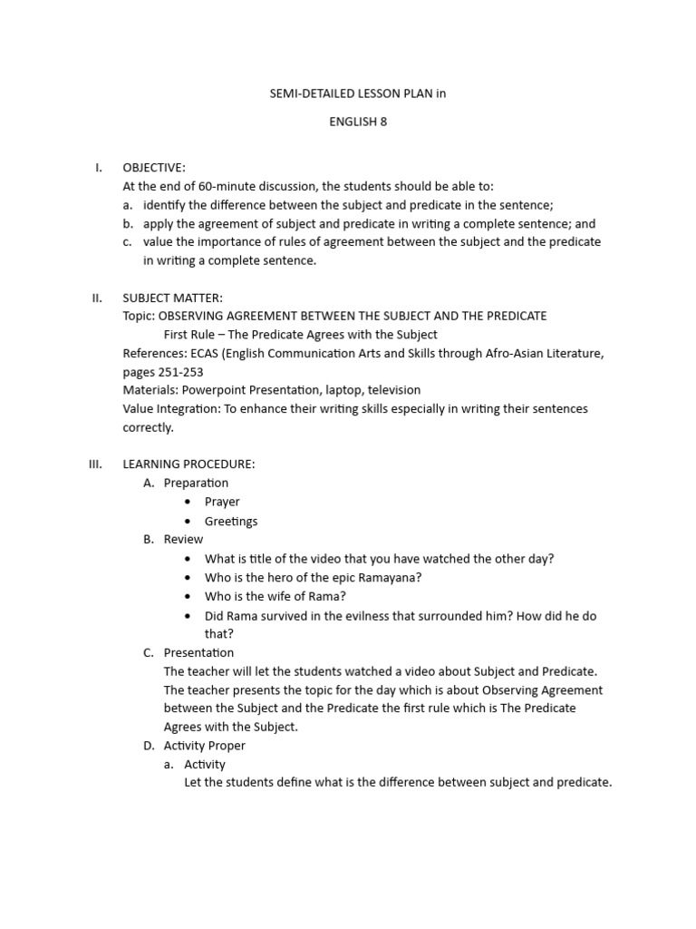 SEMI-DETAILED LESSON PLAN in ENGLISH | PDF | Subject (Grammar ...