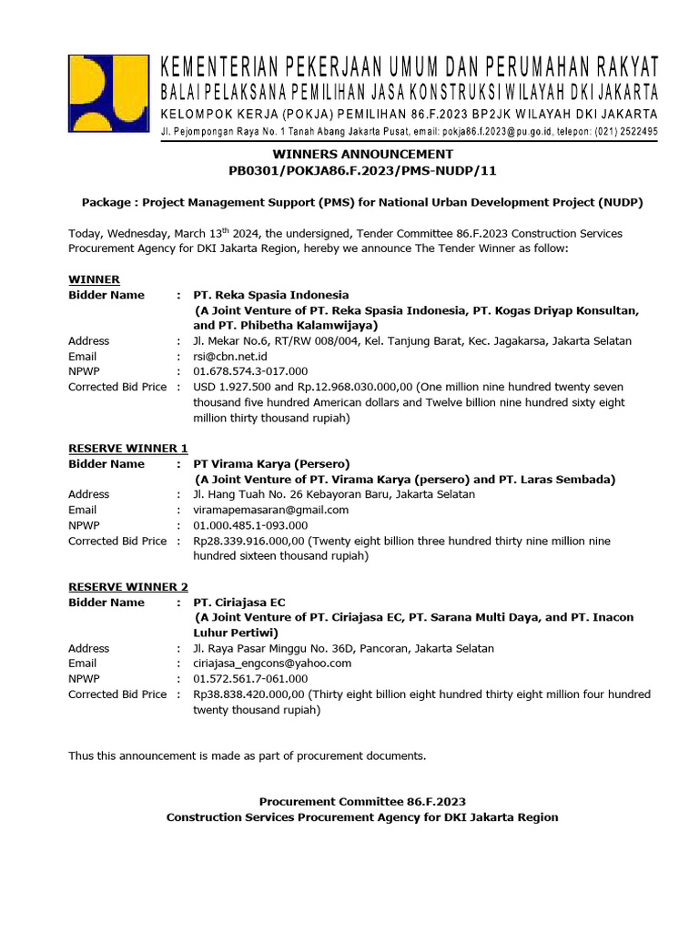 WINNERS ANNOUNCEMENT PMS For NUDP | PDF