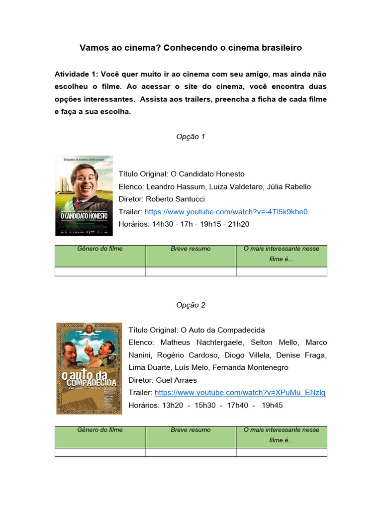 Cinema Brasileiro - Atividade | PDF