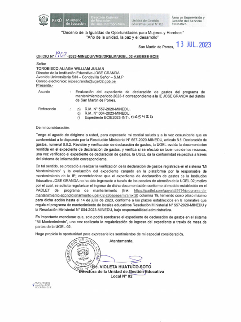 OFICIO N°1902-2023-ECIE-DIR | PDF