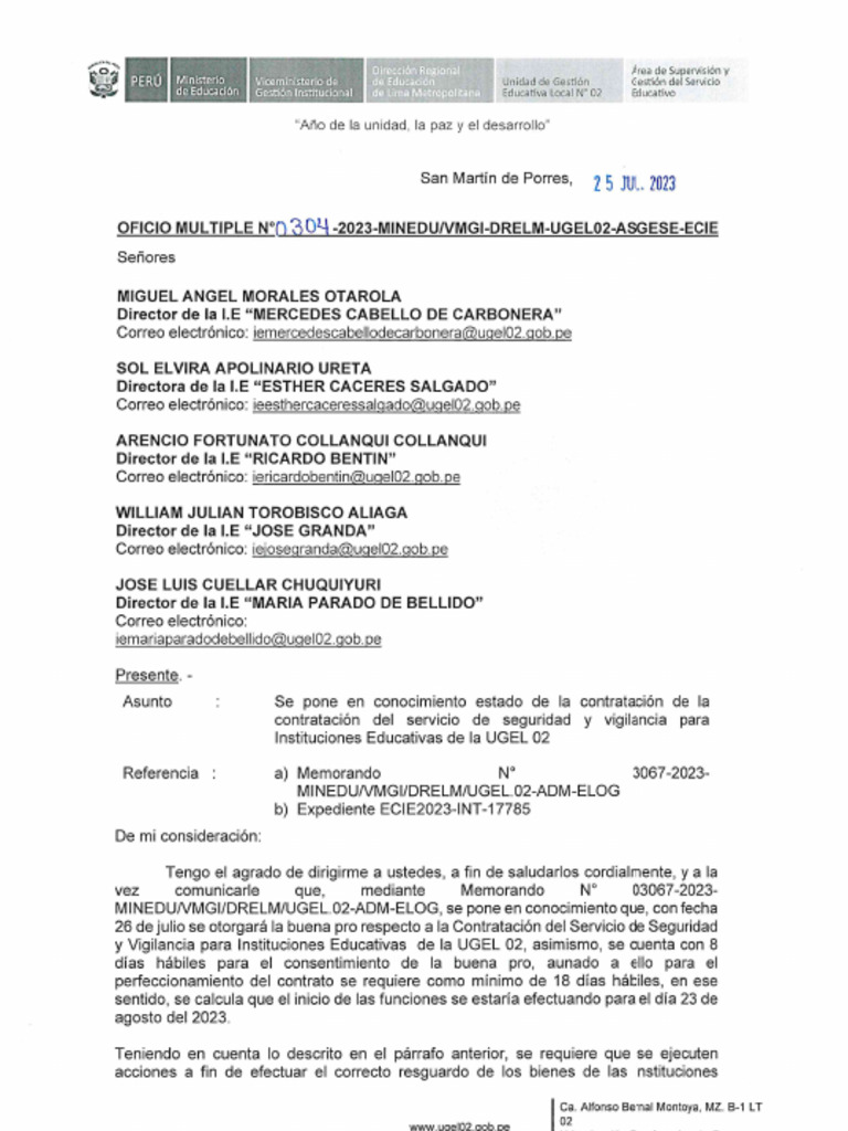 OFICIO MULTIPLE N°0304-2023-ECIE aviso sobre seguridad vien el 23 | PDF