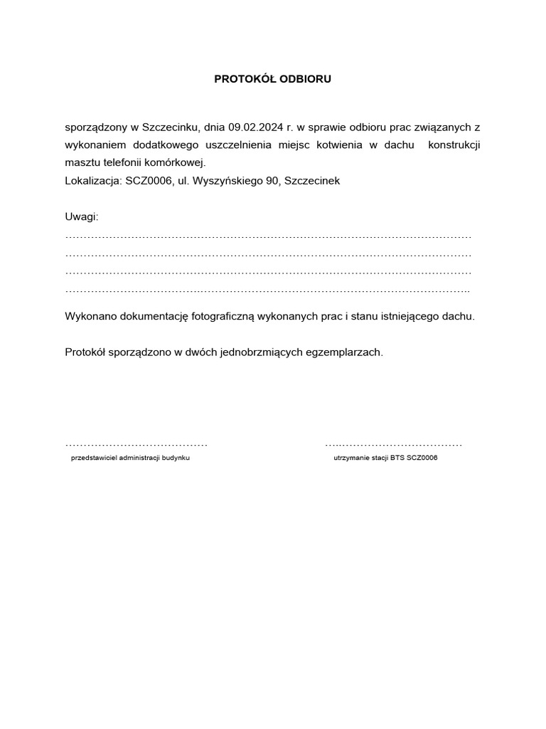 Protokół Odbioru SCZ0006 | PDF