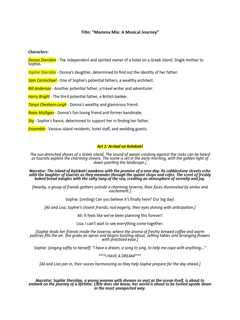 Skeleton Script For Mamma Mia | PDF