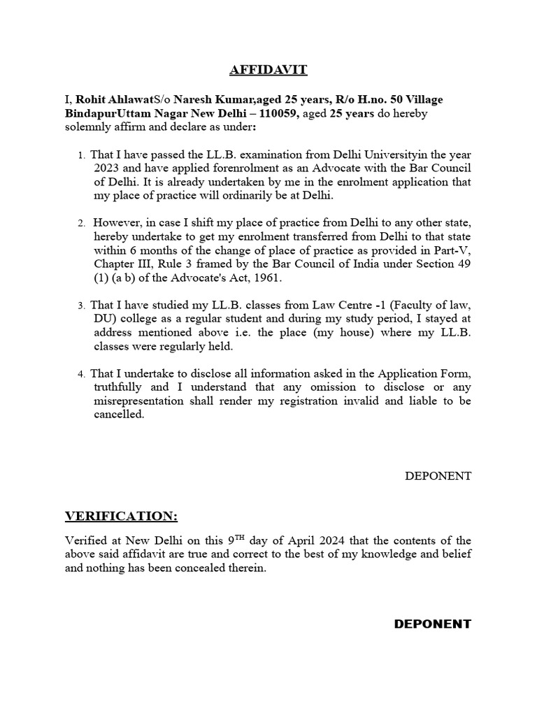Advocate Enrollment Affidavit for Delhi | PDF