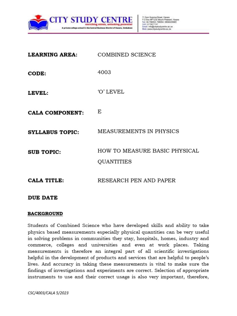 O Level Combined Science CALA Component E 2023 | PDF | Measurement | Science