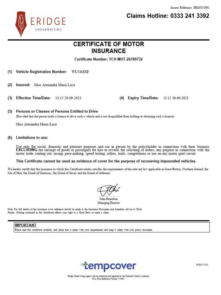 Certificate of Motor Insurance For Eridge Policy TCV-MOT-26769732 | PDF ...