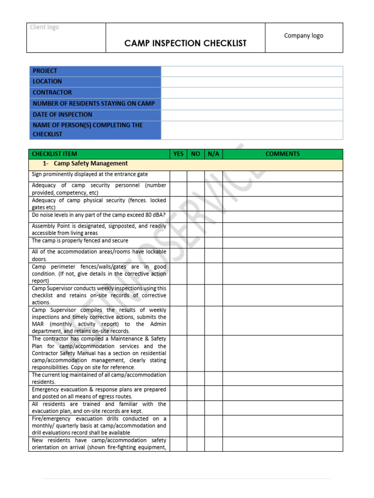 Camp Inspection Checklist | PDF | Liquefied Petroleum Gas | Kitchen