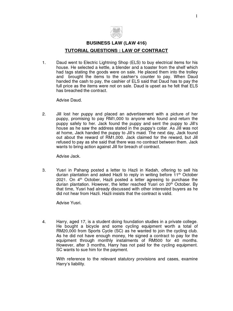 Business Law Contract Tutorial Questions | PDF