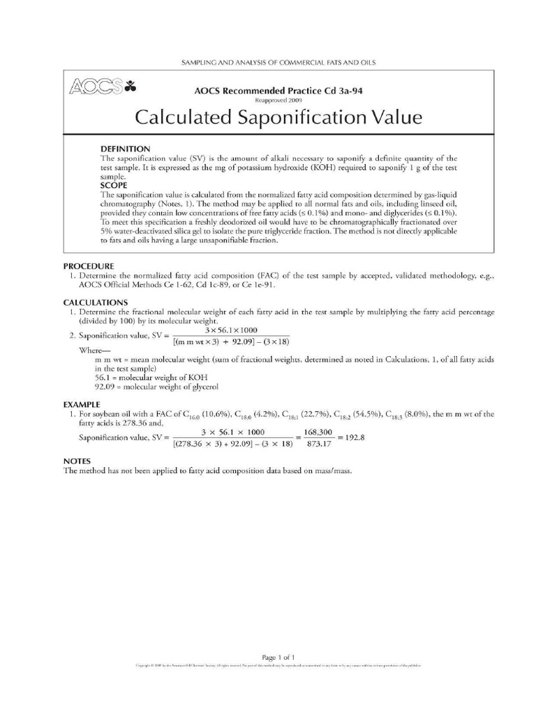 3.2 CD 3a-94 Saponification Value of Fats and Oils, by Calculation | PDF