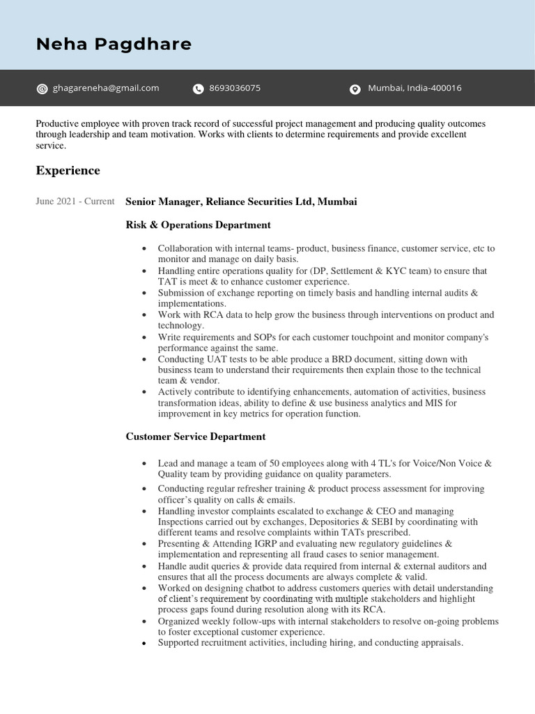 CV Neha Pagdhare | Download Free PDF | Audit | Customer Experience