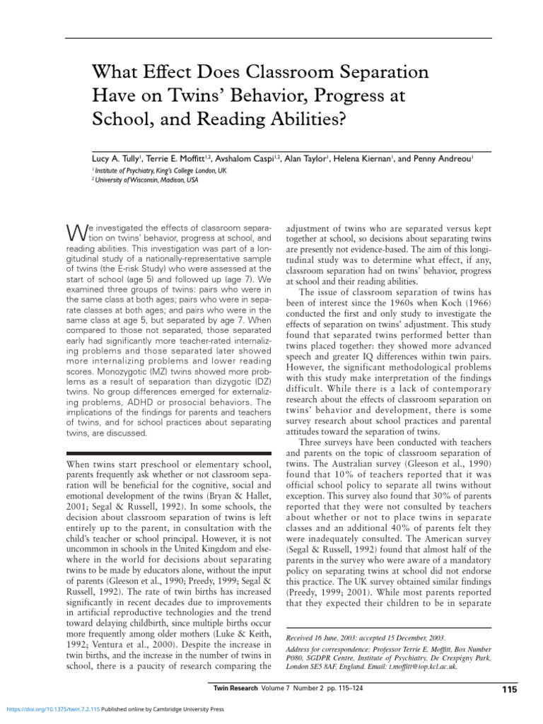 Classroom Separation Impact on Twins | PDF | Twin | Wechsler Adult Intelligence Scale