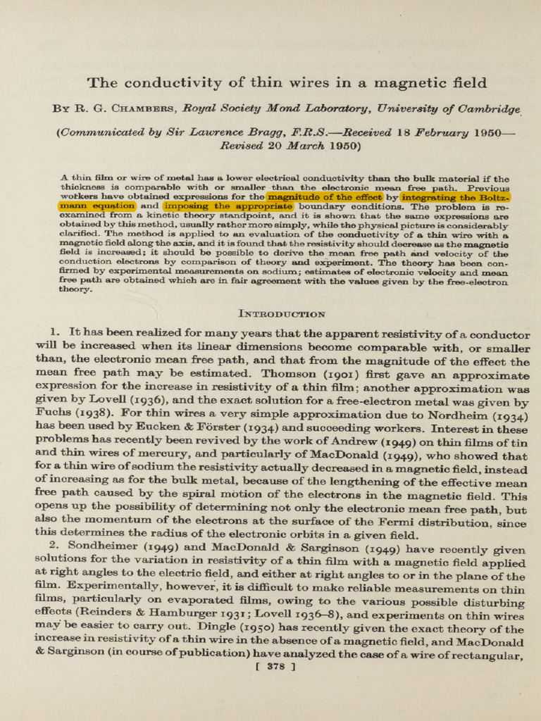 1950 - The conductivity of thin wires in a magnetic field (1) | PDF | Electrical Resistivity And ...