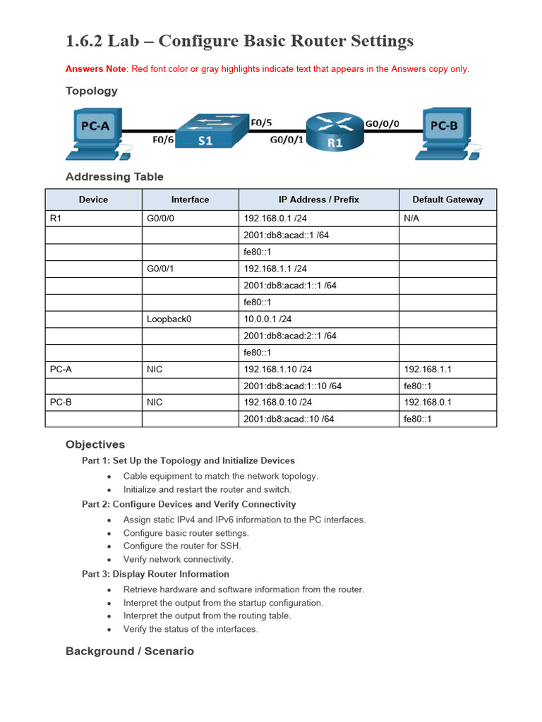 1.6.2 Lab - Configure Basic Router Settings | PDF | Ip Address | I Pv6