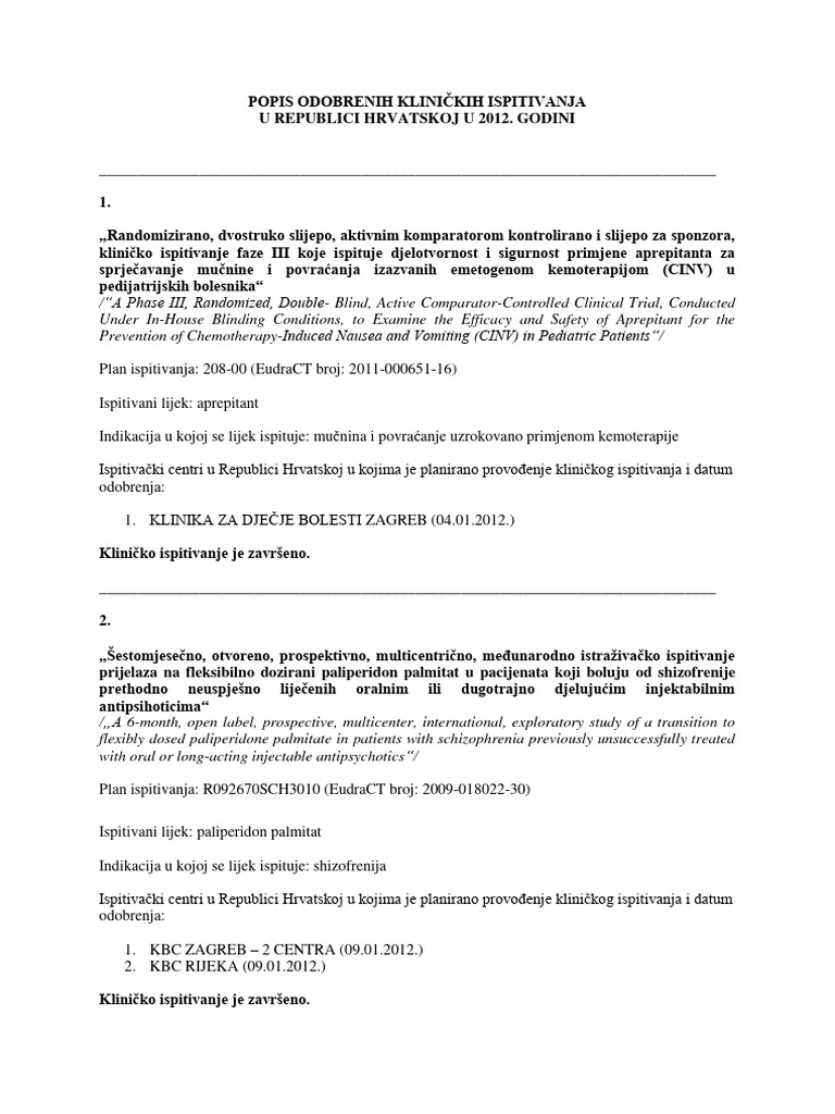 Popis Odobrenih Kliničkih Ispitivanja U 2012. Godini Ažuriran 16.08.2017. | PDF