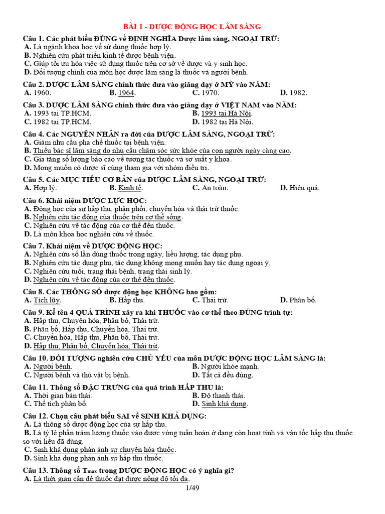 (123doc) 1000 Cau Trac Nghiem Duoc Lam Sang 1 Theo Bai Co Dap An Full | PDF