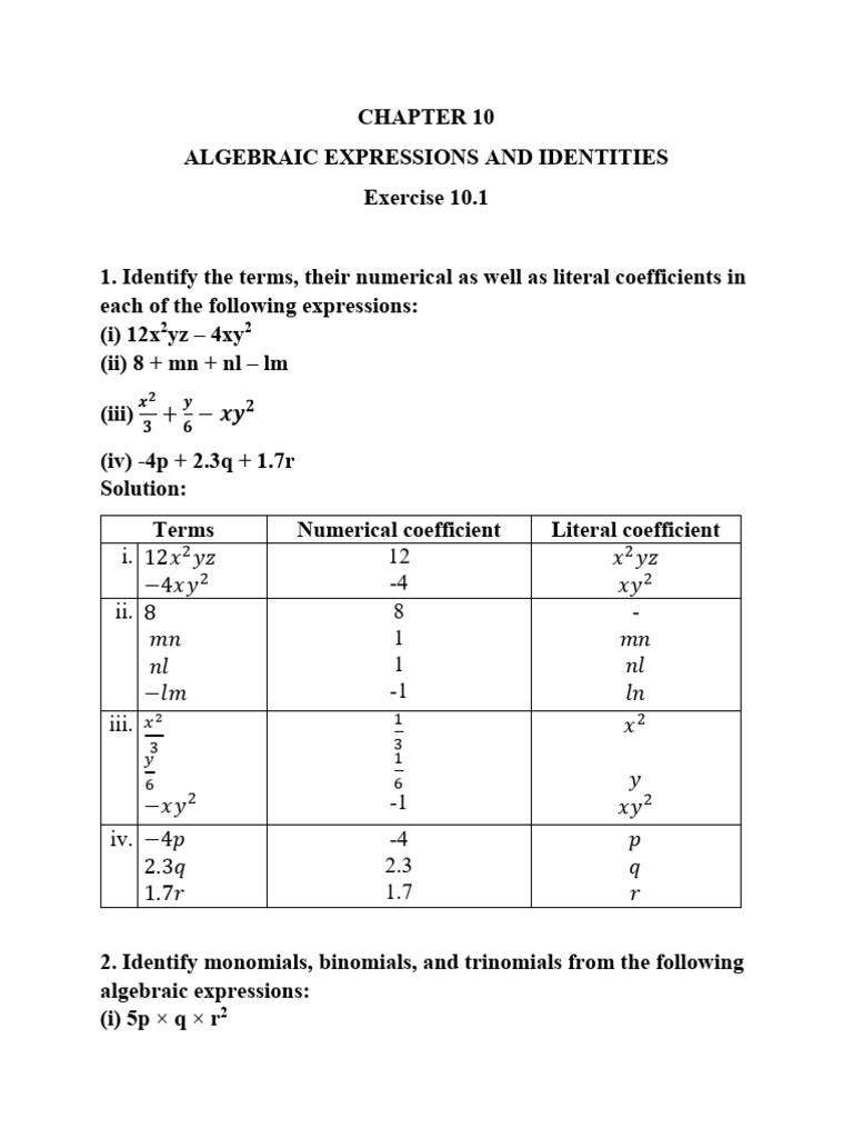 Algebraic Expression Class 8 Pdf Factorization Polynomial