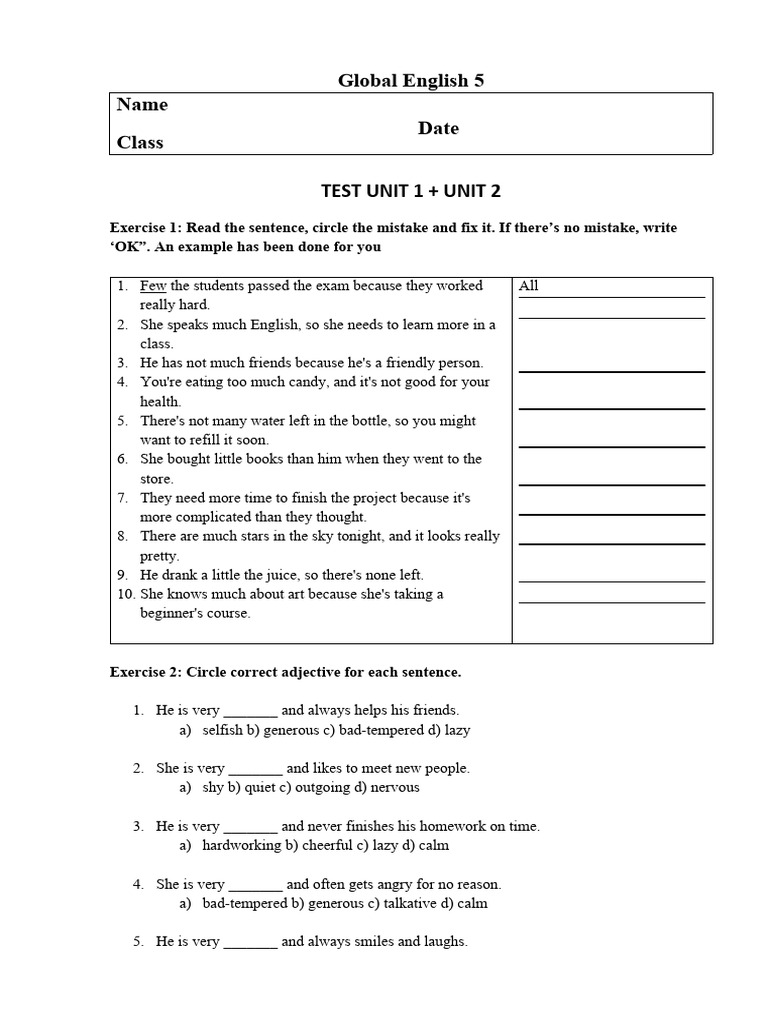 TEST UNIT 1 + UNIT 2 CAMBRIDGE GLOBAL 5 | PDF | Foods