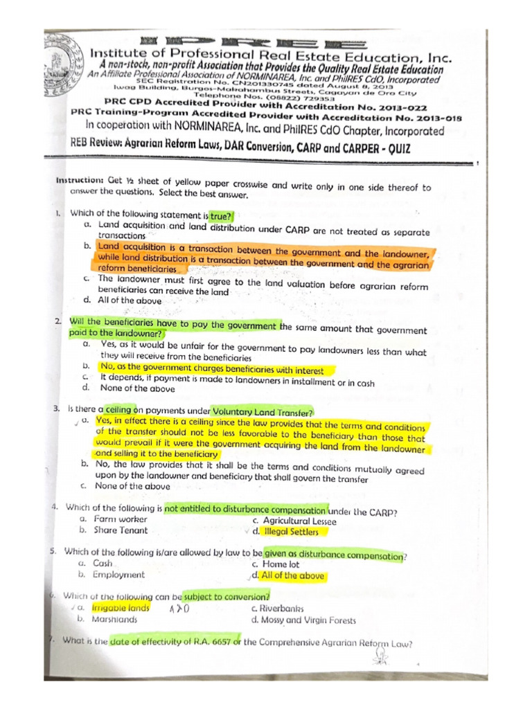 AGRI REFORM, DAR, CARP & CARPER QUIZ | PDF