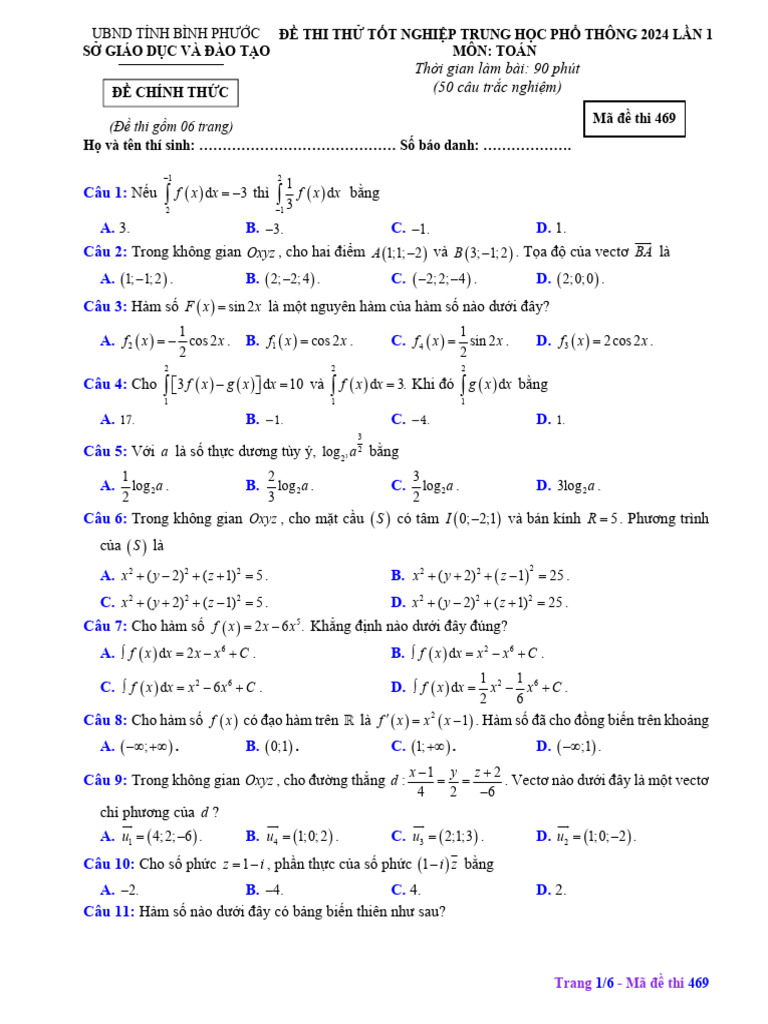 De Thi Thu Tot Nghiep THPT 2024 Mon Toan Lan 1 So GDDT Binh Phuoc | PDF