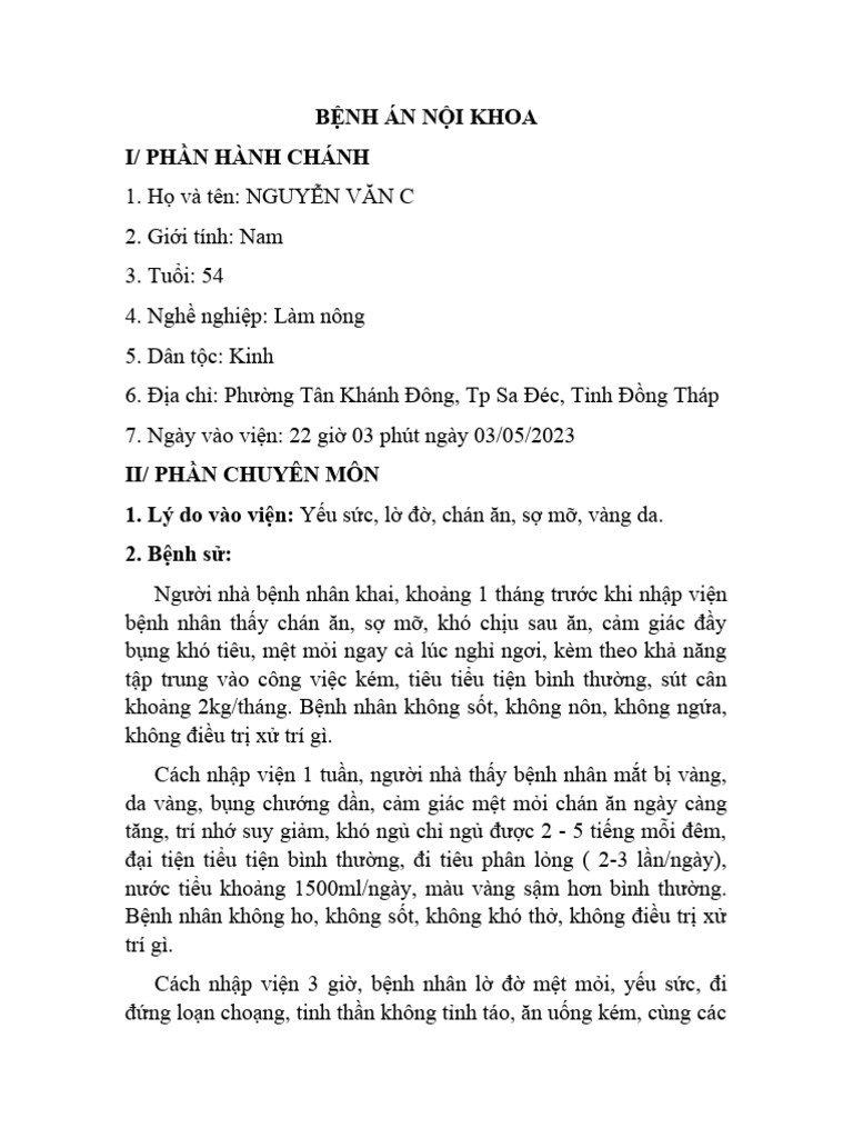 BỆNH ÁN NỘI KHOA TH-HH | PDF