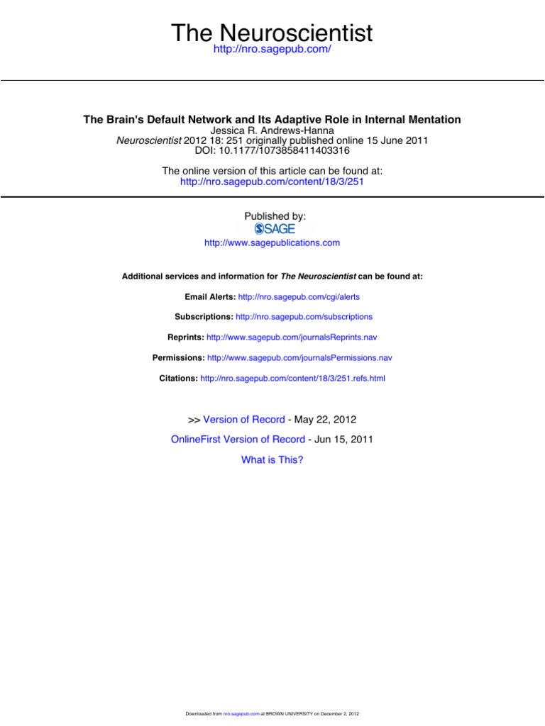 The Brain’s Default Network and Its Adaptive Role in Internal Mentation | PDF | Parietal Lobe ...