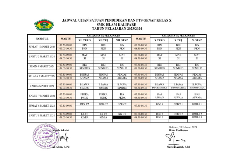 Jadwal Mapel USP 2023-2024 | PDF