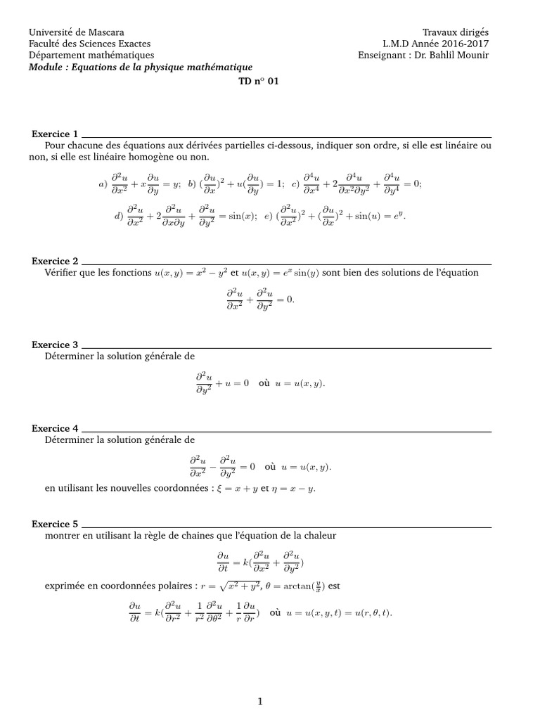 Equations de La Physique Math-TD1-L3 | PDF | Équations | Mathématiques