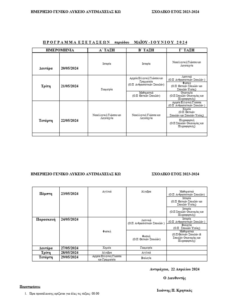 ΠΡΟΓΡΑΜΜΑ ΕΞΕΤΑΣΕΩΝ 2024 Α Β Γ | PDF