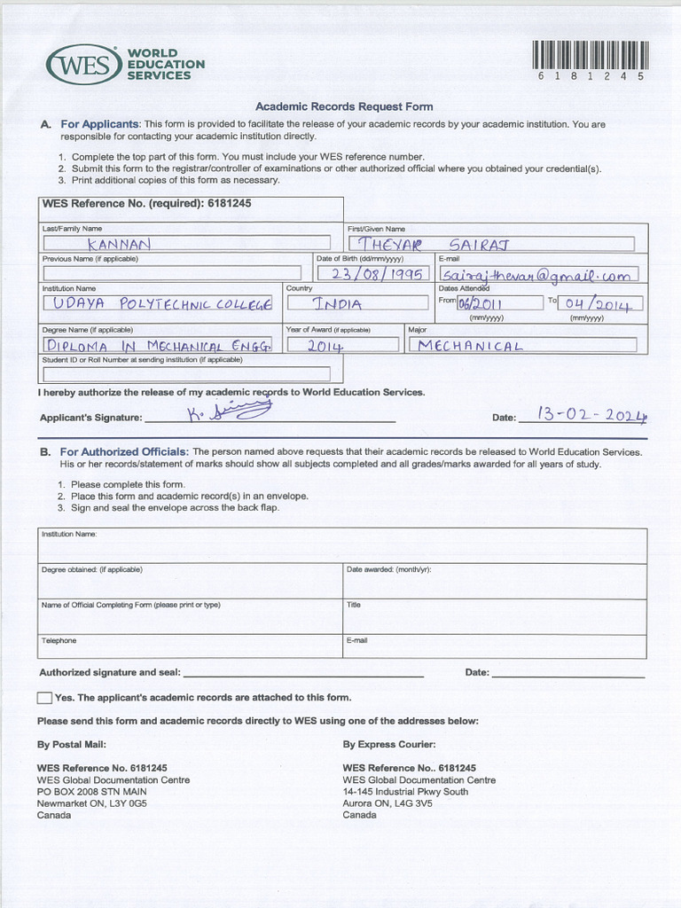 WES Form | PDF
