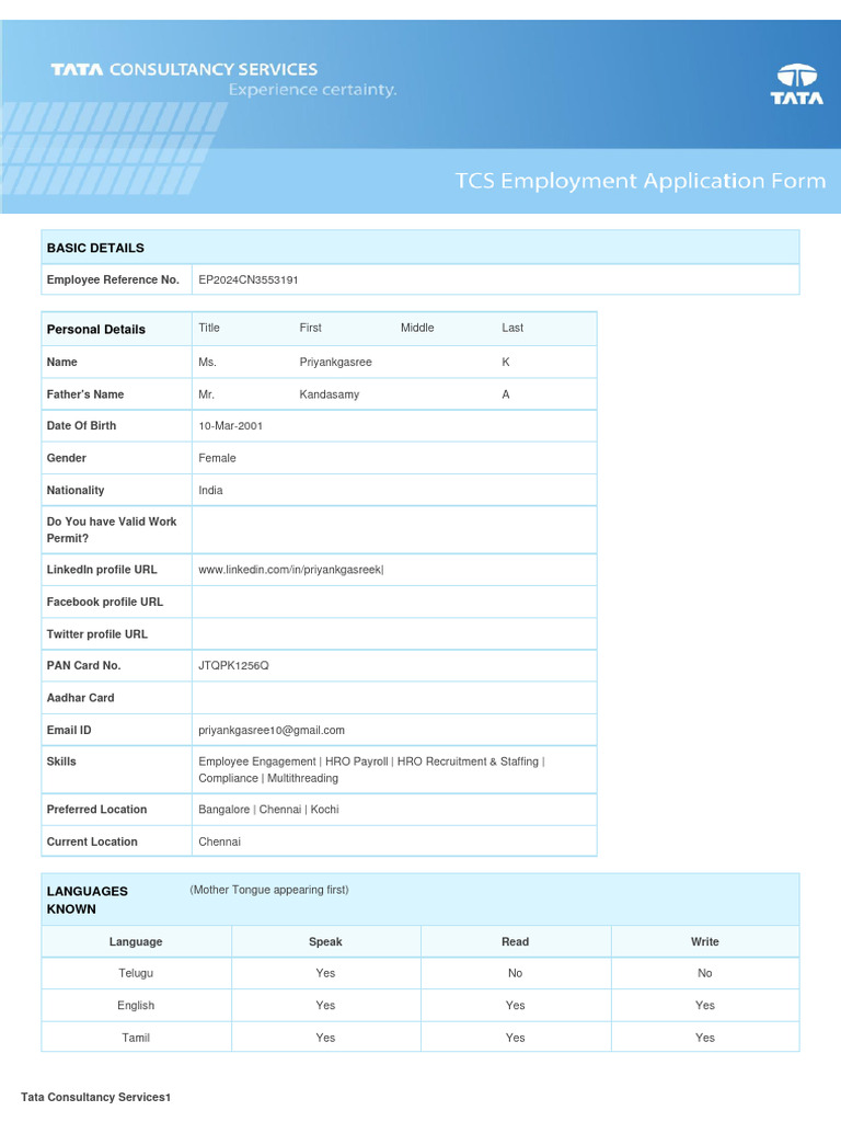 TCS Employment Application for Priyankgasree K | PDF | Background Check ...