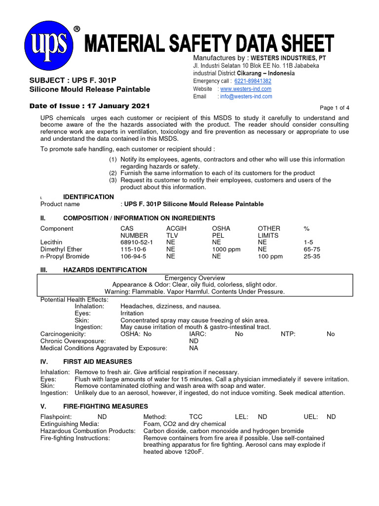 UPS F. 301P Silicone Release MSDS | PDF | Personal Protective Equipment ...