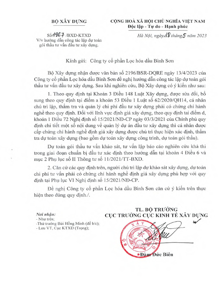 CV 1967-BXD-KTXD (18-5-2023) - HD CÔNG TÁC LẬP DỰ TOÁN GT TV ĐTXD | PDF