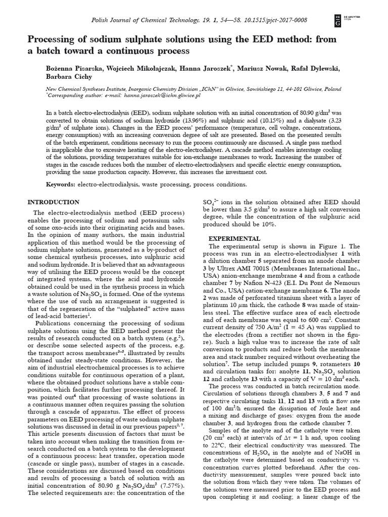 EED Method for Sodium Sulphate Processing | PDF | Electrochemistry | Sodium