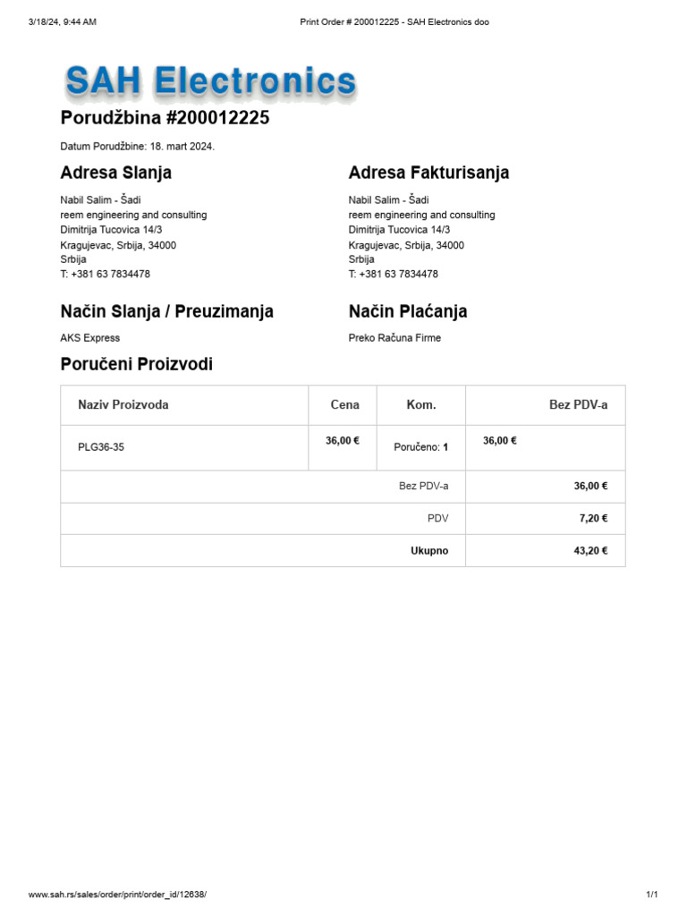 Print Order # 200012225 - SAH Electronics Doo | PDF