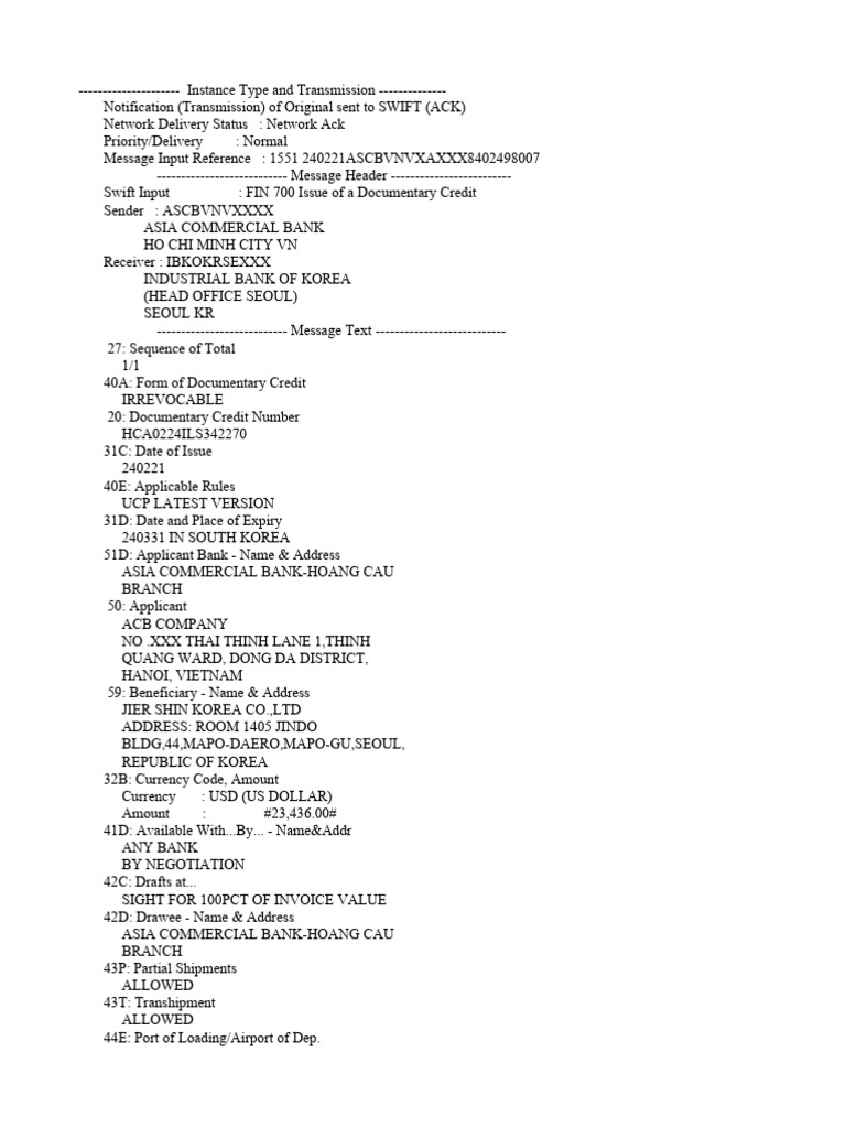 Z Mau LC Nhap | PDF | Cargo