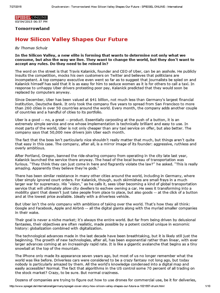 Druckversion - Tomorrowland - How Silicon Valley Shapes Our Future - SPIEGEL ONLINE ...