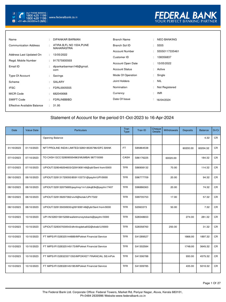Federal Bank Account Statement Summary | PDF | Cheque | Financial ...