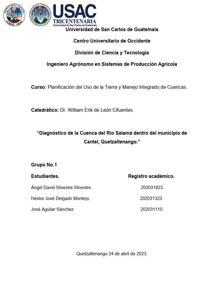Diagnóstico de La Cuenca Del Rio Salamá Dentro Del Municipio de Cantel ...