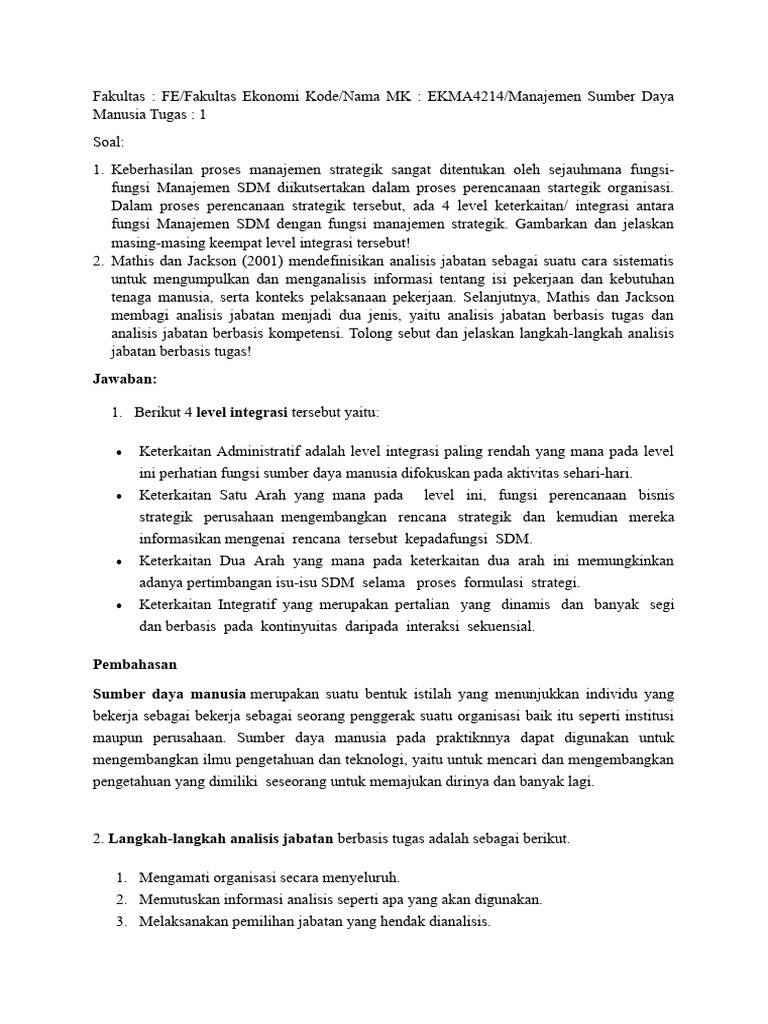 EKMA4214Manajemen Sumber Daya Manusia TUGAS 1 | PDF | Karier ...