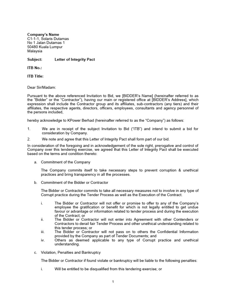 Template Letter of Integrity | PDF | Civil Law (Legal System ...