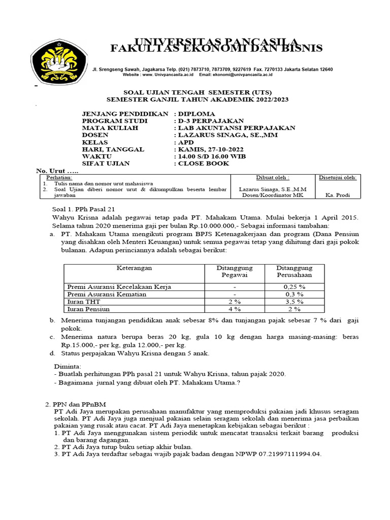Soal Uts Lab Akuntansi Perpajakan Sem Gasal 2022-2023, KLS Apd | PDF | Pengelolaan Keuangan & Uang
