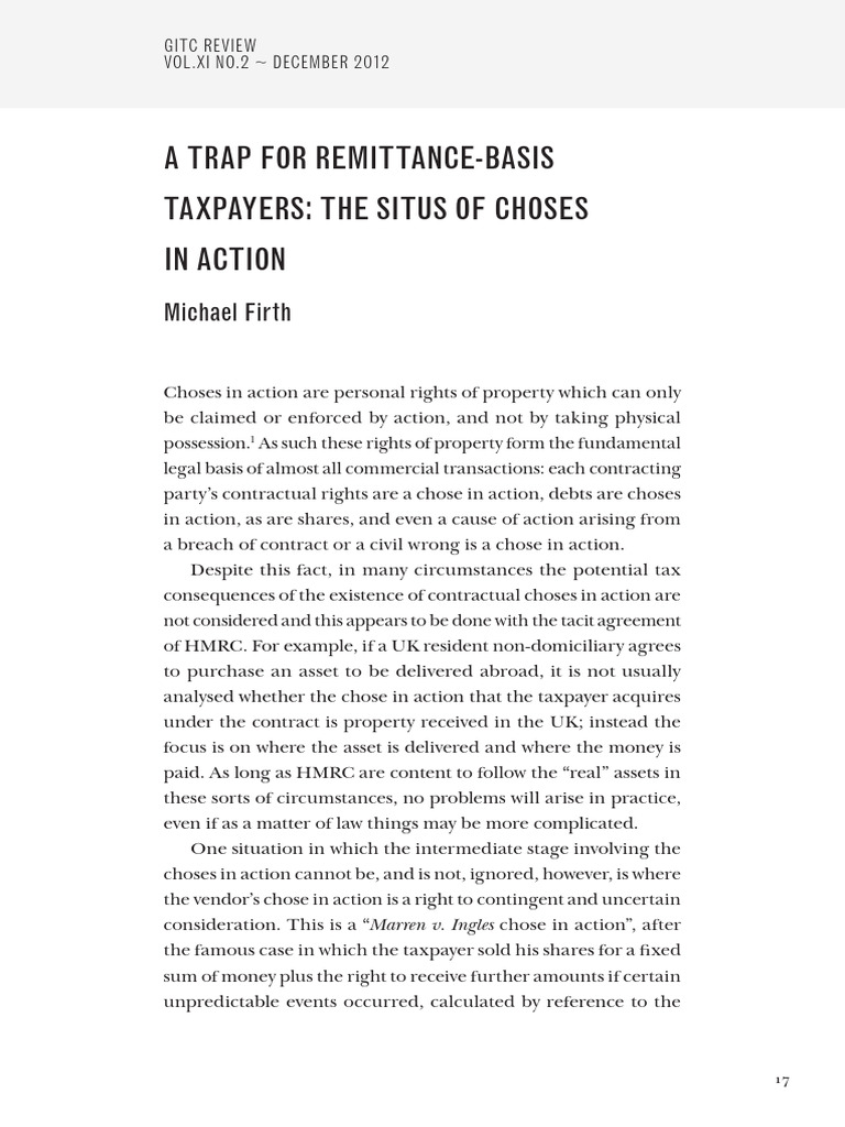 A Trap For Remittance - Basis Taxpayers The Situs of Choses in Action Michael Firth PDF | PDF ...