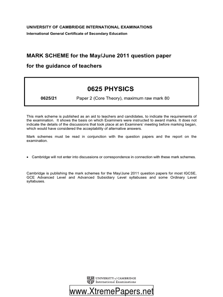 0625 PHYSICS: MARK SCHEME For The May/June 2011 Question Paper For The Guidance of Teachers ...