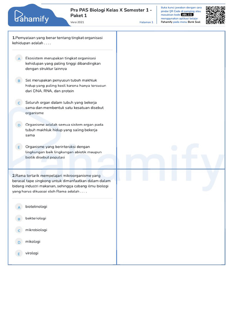 Pra PAS Biologi Kelas X Semester 1 - Paket 1 | PDF