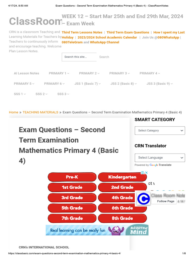 Second Term Math Exam Questions P4 | PDF